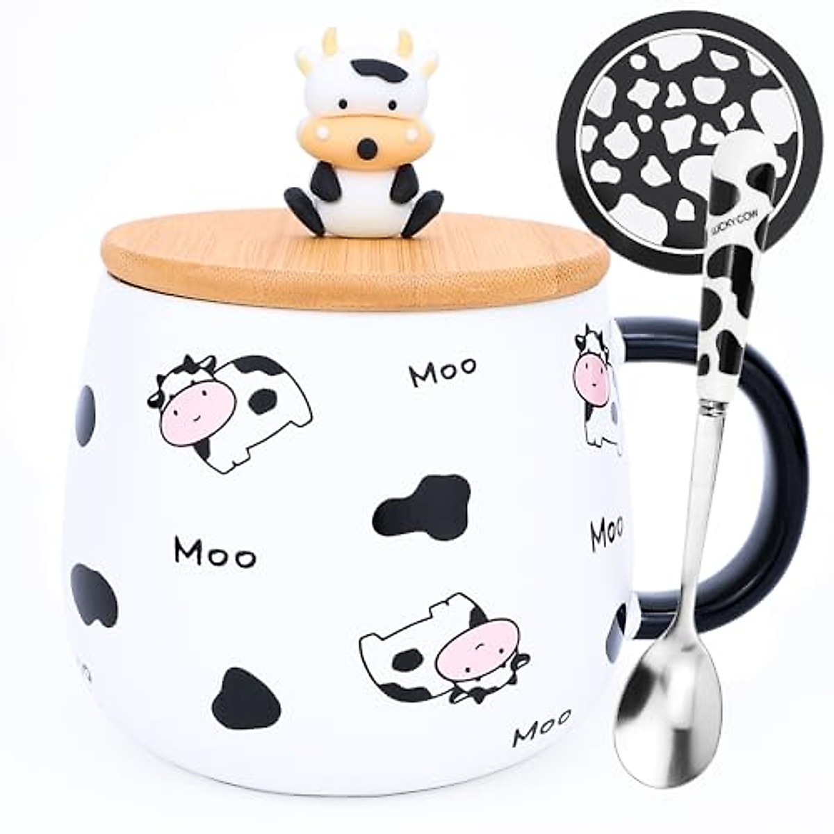 Arawat Cute Cow Coffe Mug with Lid and Spoon Cow Print Stuff Gifts 400ml Ceramic Tea Coffee Cup Kawaii Cow Mugs Funny 3D Animal Cow Mug Birthday Gifts for Women Girls Cow Lovers