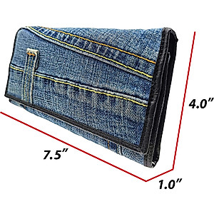 Bijoux de Ja Upcycling Blue Denim Versatile Decorated Flap Cover Pocket Money Long Wallet Purse Clutch for Women (RANDOM)