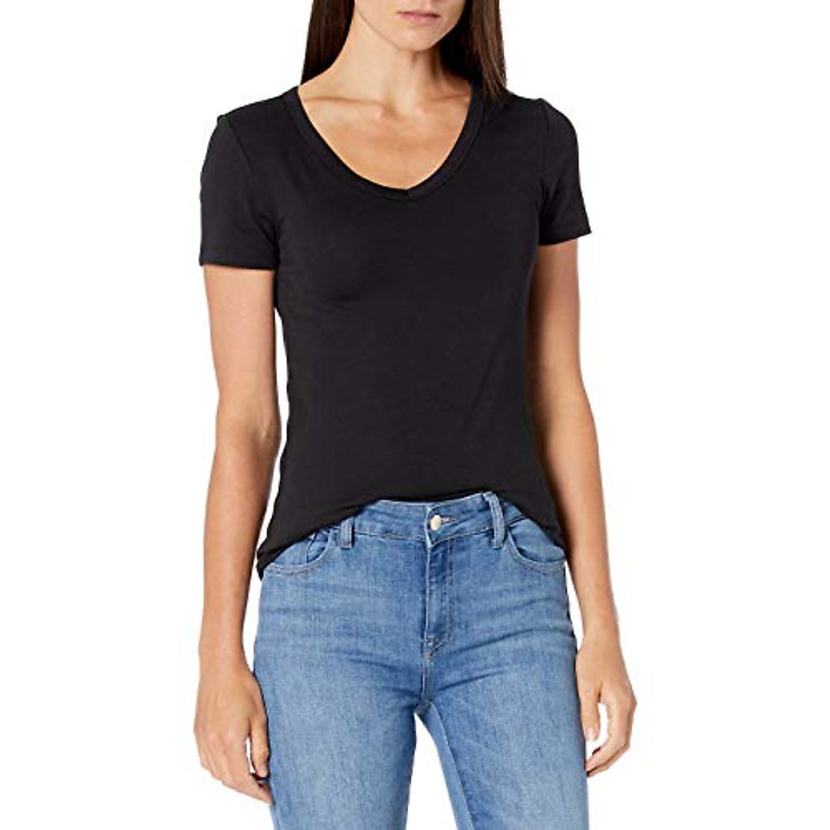 Amazon Essentials Women's Slim-Fit Short-Sleeve V-Neck T-Shirt, Pack of 2, Black/White, Large