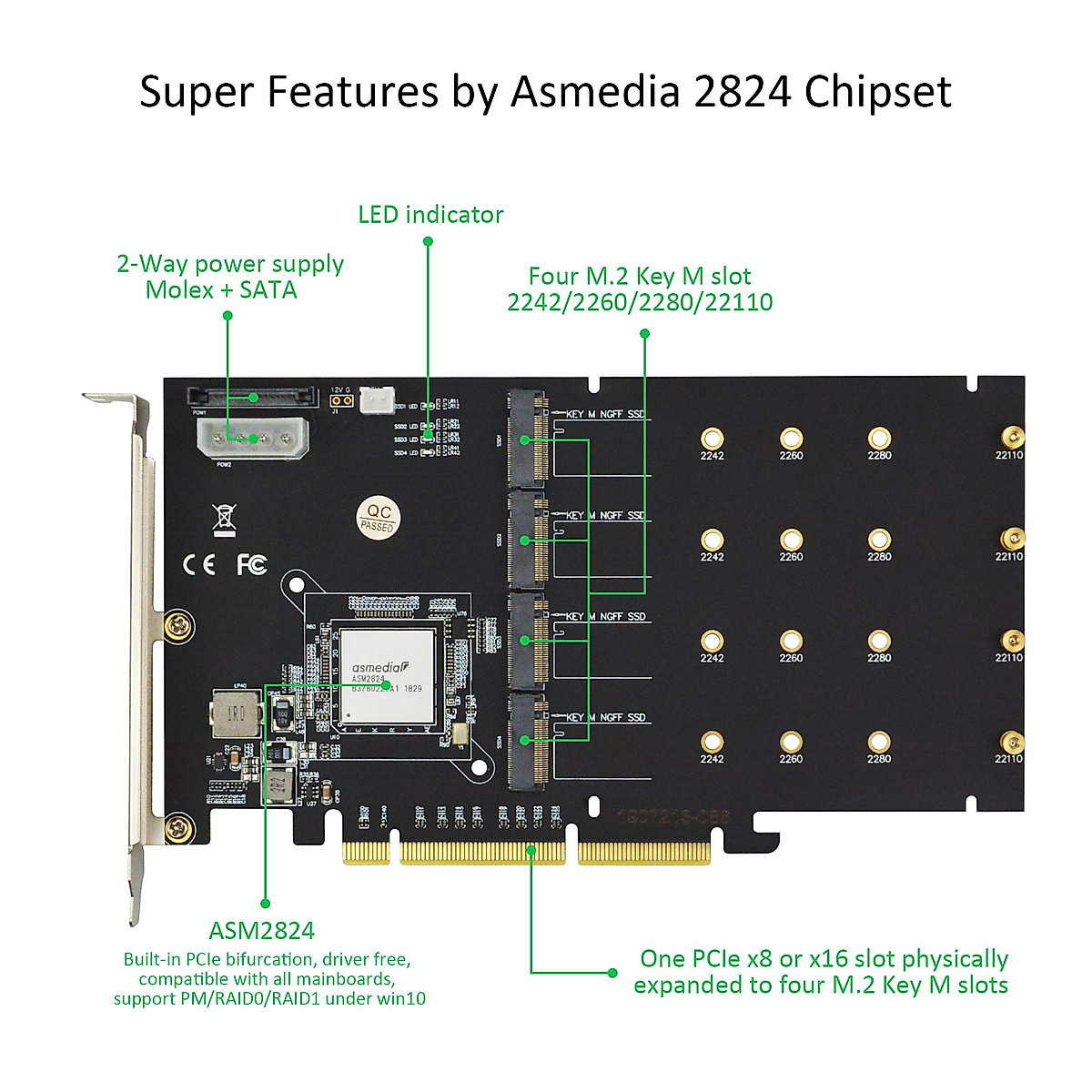 A ADWITS Quad M.2 NVMe SSD PCIe X16 Adapter,ASM2824 PCI Express 3.0 X16 Switch to 4 Ports M.2 Adapter Card,Supports RAID,PCIe Bifurcation,4 X4 NVMe(AHCI Compatible)M.2 SSD in Size 2242/2260/2280/22110