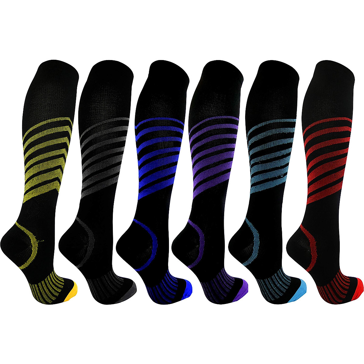 6 Pair Graduated Compression Socks for Men and Women (All Black Designs, Small/Medium)