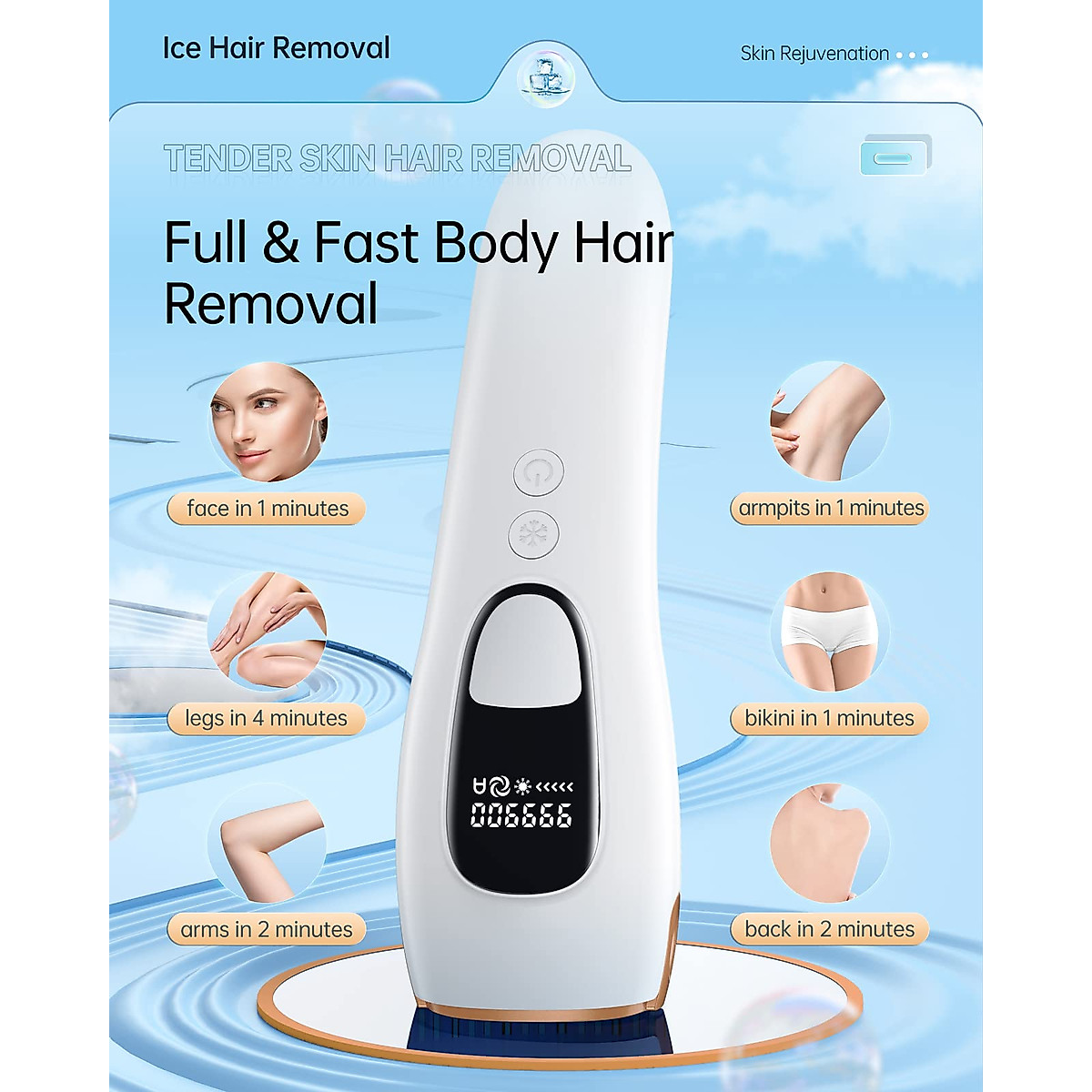 IPL Hair Removal for Women and Men, Permanent Laser Hair Removal with 2 Intelligent Attachments for SR HR, Ice Cooling Painless Hair Removal At Home, 999900 Flashes, Safe for Whole Body