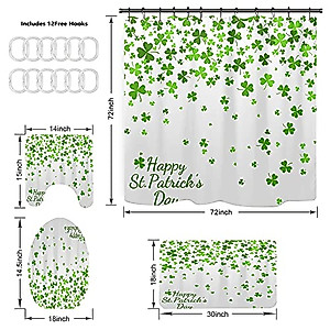 4 Pcs St. Patrick's Day Shower Curtain Sets with Rugs, Irish Gnomes Green Shamrocks Buffalo Plaid Truck Waterproof Shower Curtains for Bathroom with Hooks, Spring Holiday Home Bath Bathtub Decor