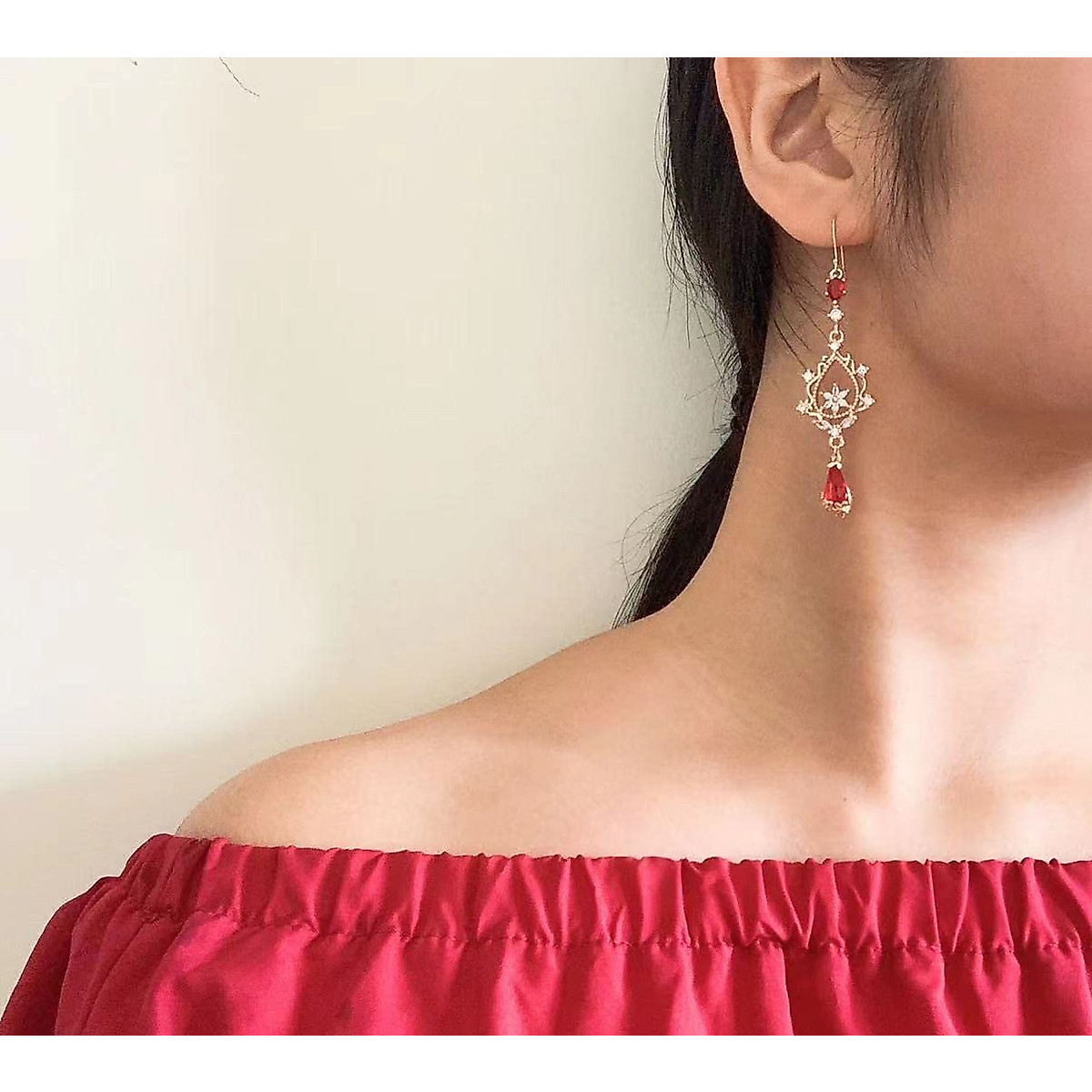 MOMOCAT 18K Gold Plated Flowers Red Ruby Dangle Hook Earrings for Women Western Chandelier Teardrop Christmas Fringe Statement Tassel Earrings for Women Dangling Vintage Jewelry