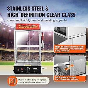 VEVOR Hot Dog Steamer, 39QT, 2-Tier Hot Dog Hut Steamer, 86℉~185℉ Temperature Control, Electric Bun Warmer with Tempered Glass Slide Doors Partition Plate Tong, Stainless Steel, for Hot Dogs & Buns