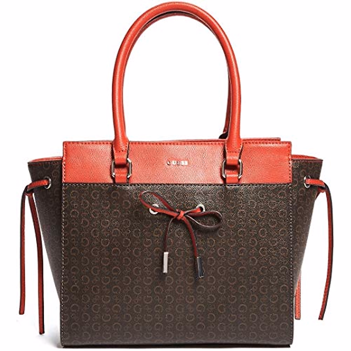 GUESS Women's Smoke Logo Satchel Tote Bag Handbag - Red/Brown