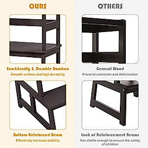 Costzon Kids Kitchen Step Stool with Safety Rail, Toddler Kitchen Stool w/Solid Bamboo Construction, Child Stand Helper for Kitchen Bathroom Living Room, Perfect for Toddler from 18-36 Months (Brown)