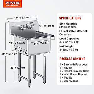 VEVOR Stainless Steel Prep & Utility Sink, 1 Compartment Free Standing Small Sink Include Faucet & legs, 21"x41" Commercial Single Bowl Sinks for Garage, Restaurant, Kitchen, Laundry, NSF Certified