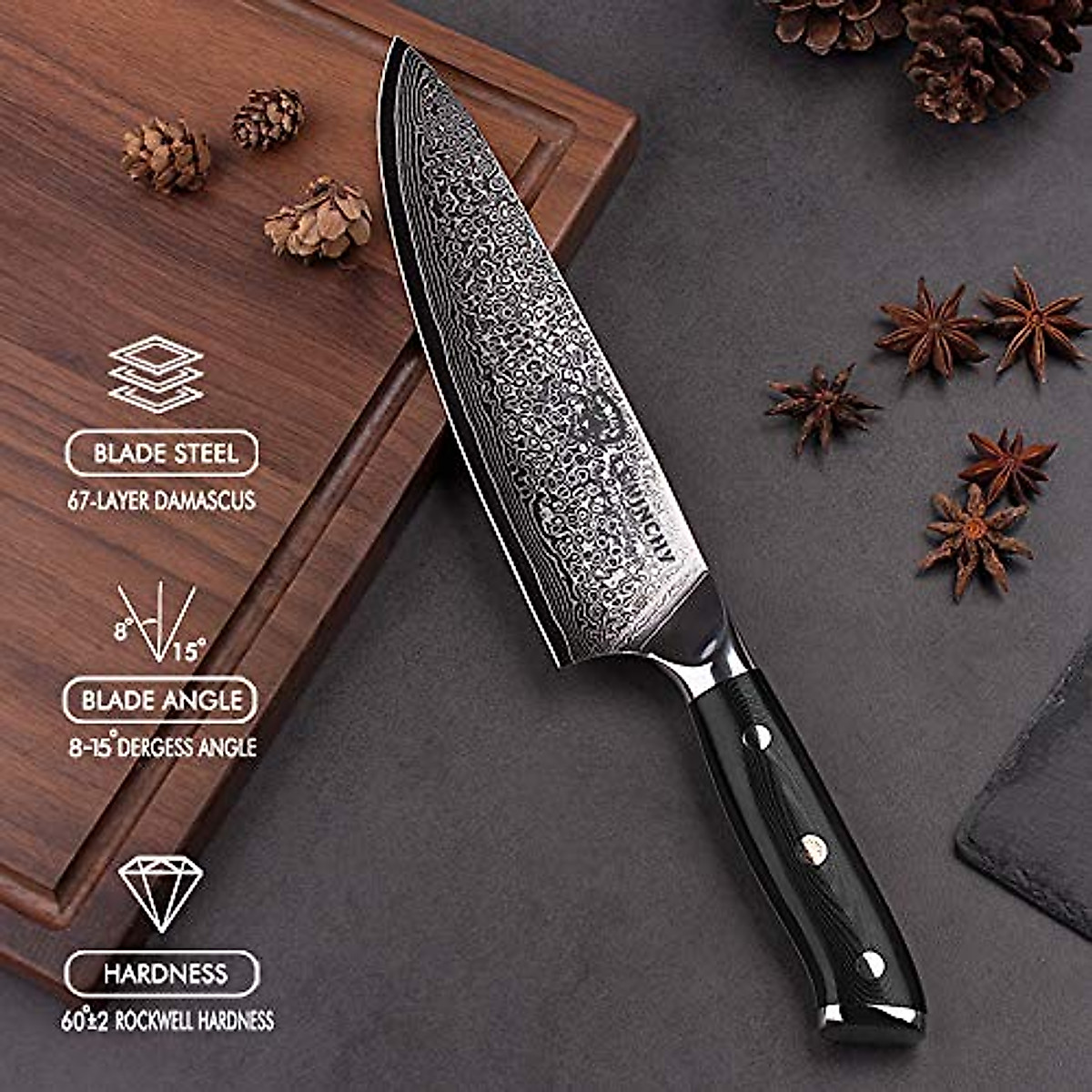 LEVINCHY 8 inch Damascus Chef Knife with Black Premium G10 Handle, Professional Damascus Stainless Steel Knife, Ergonomic, Superb Edge Retention, Stain & Corrosion Resistant
