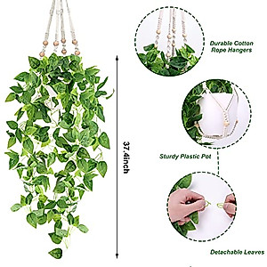 CEWOR Fake Hanging Plant with Pot, Artificial Hanging Plant Vine for Home Decor Indoor, Macrame Plant Hanger with Fake Vines Faux Hanging Planter Greenery for Bedroom Bathroom Kitchen Office Decor