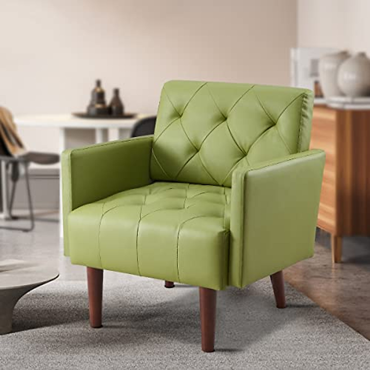 PEIHONGET Faux Leather Accent Chair, Modern Retro Arm Chair for Living Room and Bedroom Tufted Upholstered Sofa Club Chair Comfy Armchair for Small Spaces Bedroom Office (Olive)