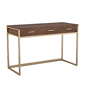 Martha Stewart Ollie Home Office Desk with 3 Drawers in Walnut Wood Grain with Polished Brass Hardware