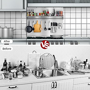 VENFAN Range Backsplash, 36 x 30 Inch Wall-Mounted Stainless Steel Backsplash with Built-in Storage Shelf & Hanging Rack, Stainless Steel Backsplash for Stove Easy Installation
