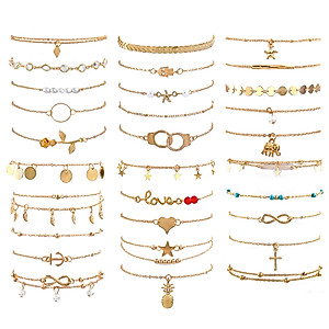 ESRICH 30 Ankle Bracelets for Women Set, Adjustable Size Beach Anklet Set, Imitation Golden Anklet,Jewelry Anklet for Women Beach Jewelry Gifts