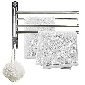MOVNO Swing Out Towel Bar, 4-Arm Silver Wall Mounted Swivel Towel Rack with Hooks Rustproof, Towel Hanger Holder Storage Organizer for Bathroom Kitchen Space Saving