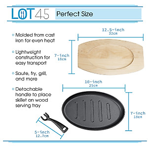 Lot45 Cast Iron Fajita Sizzling Pan- 10in Hot Dish Sizzling Plate Serving Platter with Wooden Base Plate, Steak Skillet