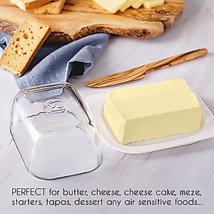 Crystalia Butter Dish with Lid, Large Plastic Butter Keeper with Glass Cover, Cute European Butter Stick Holder, Vintage Butter Tray for Countertop, Big Traditional Clear Glass Cream Cheese Dish