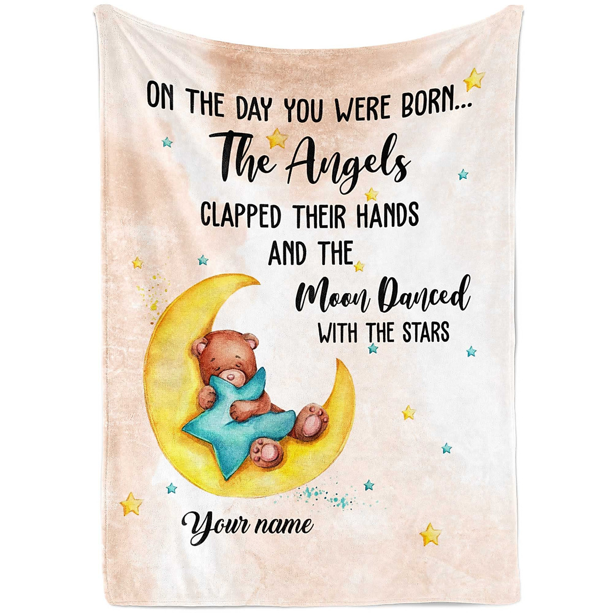 Pavo Personalized Baby Blanket with Name - Baby Teddy Bear with Moon Blanket - Includes Bib & Onesie Option - Personalized Baby Gifts for Christmas, Thanksgiving, Shower