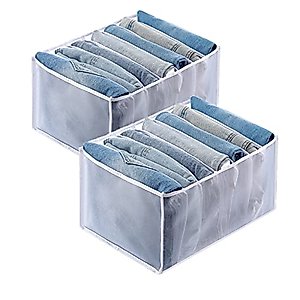 BINGC 2 PCS Washable Wardrobe Clothes Organizer , 7 Grid Drawer Foldable Visible Storage Box Jeans Compartment Divider Boxes for Jean Pants Socks Bras Ties Lingerie Scarves (14.2x9.9x7.8inch, WHITE)