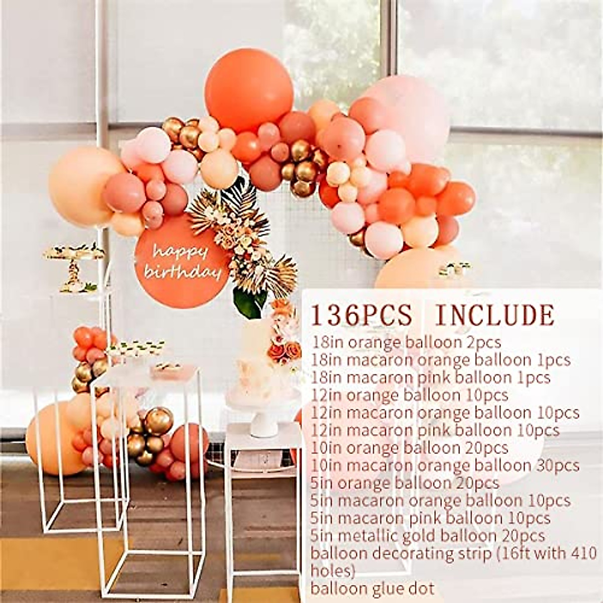 Macaron Orange Balloon Arch Garland-Macaron Orange Balloon Pink Balloon Metallic Gold Balloon 136Pcs for Wedding,Birthday,Gender Reveal,Baby Shower,Christmas Decoration