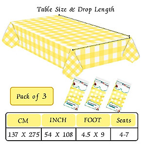 3 Pack Yellow Gingham Tablecloth 54 x 108 Yellow and White Checkered Table Cloth for Rectangle Table Disposable Plastic Table Cover for Party Outdoor Picnic Wedding Yellow Plastic Tablecloth