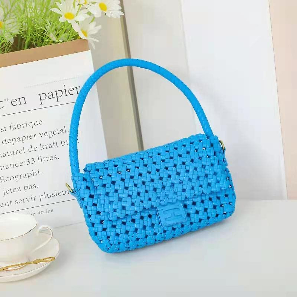 Angryapple Women Vegan Leather Hand-woven Handbag,Fashion Candy Color Shoulder Underarm Crossbody with Purse Casual Tote Bag (blue)