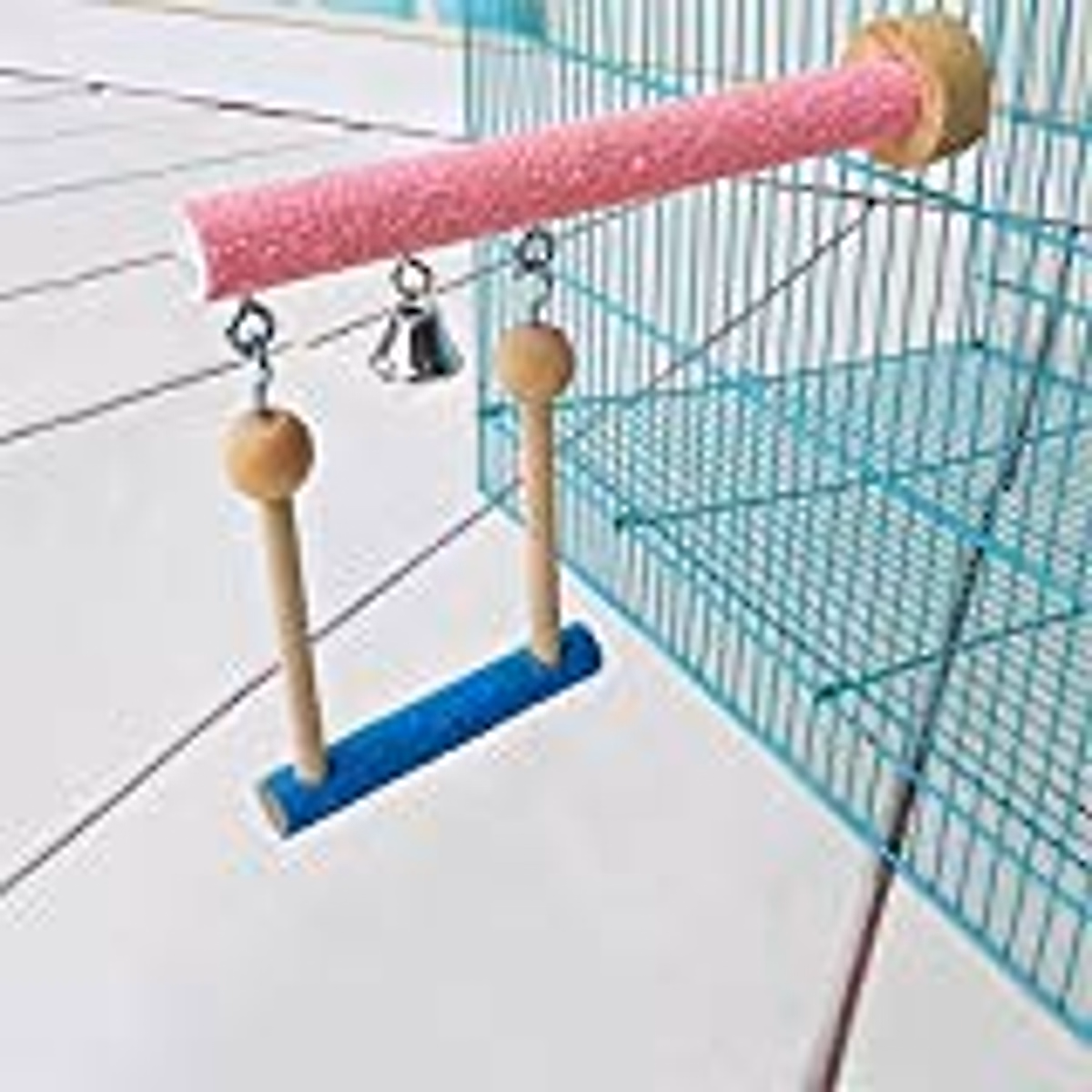 Keersi Wood Perch Toy with Bell for Bird Parrot Parakeet Cockatiel Conure Cockatoo African Grey Macaw Eclectus Amazon Lovebird Finch Canary Budgie Cage Stand Swing
