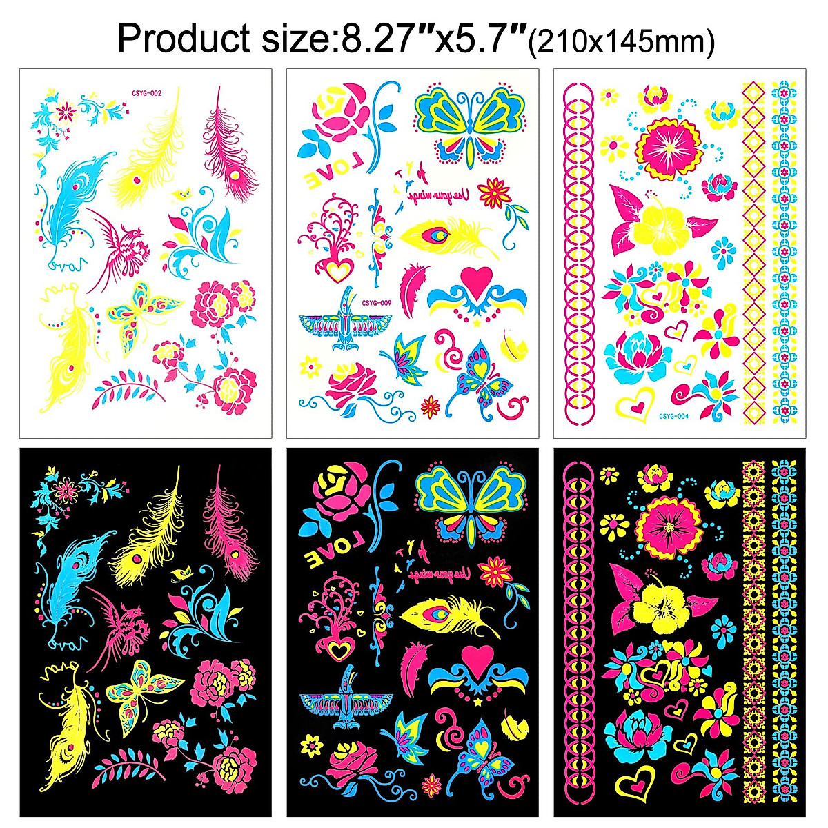 HOWAF 9 Large Sheets Neon Glow in The Dark Temporary Tattoos,100+ Assorted Designs Glow UV Neon Body Face Flowers Butterfly Flash Fake Waterproof Tattoo Stickers for Women Men Girls Body Art