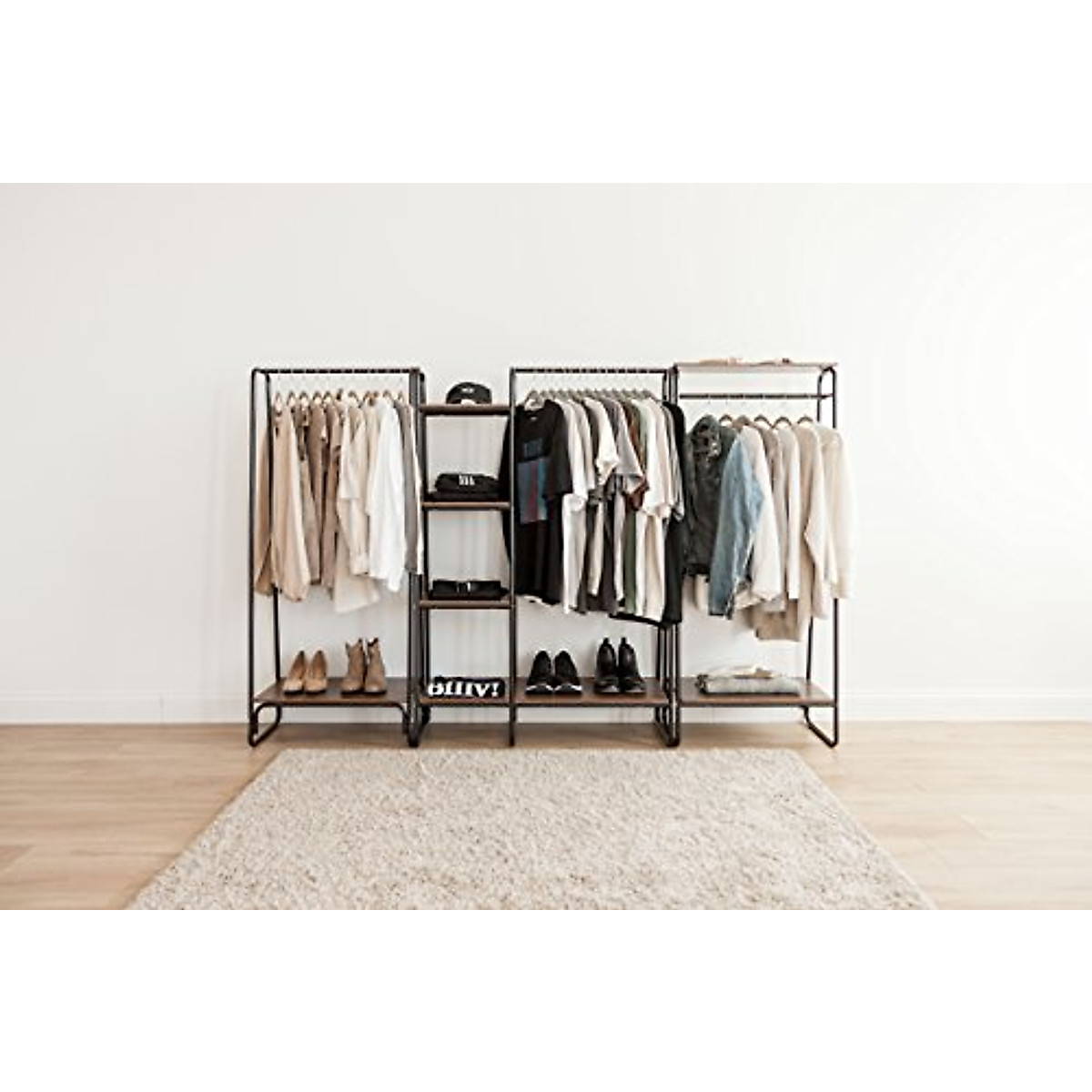 IRIS USA Metal Garment Rack with Wood Shelves Combo, Black/Dark Brown