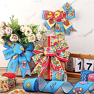 6 Rolls 30 Yards Summer Wired Ribbon Flip Flop Waves Polka Dot Stripe Fabric Decorative Ribbon Summer Themed Burlap Ribbons for Summer Wreath Bow DIY Craft