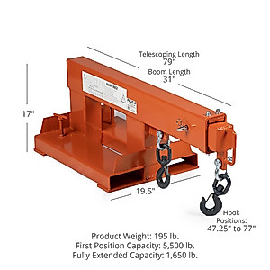 Titan Attachments Fork Mounted Telescoping Crane Jib Boom, Manual Telescopes 31-79in, 5500lb Lift Capacity, Two Swivel Hooks, Ideal for Warehouse or Factories