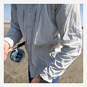 Huk Men's Tech Hybrid Long Sleeve Shirt | Performance Button Down, Bone, Medium