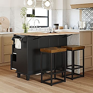 Merax Kitchen Island Set with 2 Stools, Solid Wood Dining Table with Drop Leaf Design, Storage Cabinet, Drawers and Towel Rack, 50.3" x 29.5", Black