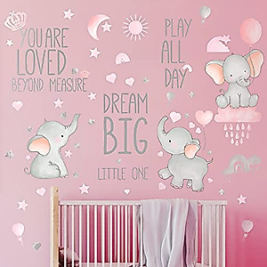 Dream Big Little One Elephant Wall Stickers Baby Room Wall Decals Moon Hot Air Balloon Grey Stars Wall Decals for Nursery Kids Room Living Room Bedroom Decorations Home Decor (Cute Style)