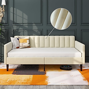 GDFStudio Twin Size Upholstered Daybed, Futon Sofa Bed Ribbed Tufted Backrest Lavish Modern Design, Couch Bed Frame for Bedroom Living & Guest Room Apartment - Beige Velvet