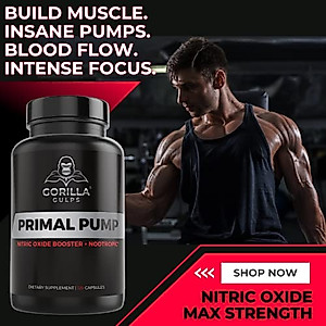 Gorilla Gulps - Primal Pump Nitric Oxide Supplement Nootropic 1500mg Nitrosigine L Arginine & Beet Root for Muscle Growth, Pumps, Blood Flow, Energy & Focus - Max Strength Pre Workout N.O. Booster