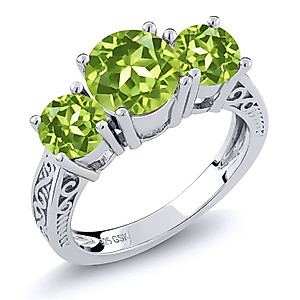 Gem Stone King 2.35 Cttw Round Green Peridot 3-Stone Ring In 925 Sterling Silver | 3 Stone Wedding Engagement Anniversary Promise Ring For Women | Available In Size 5, 6, 7, 8, 9