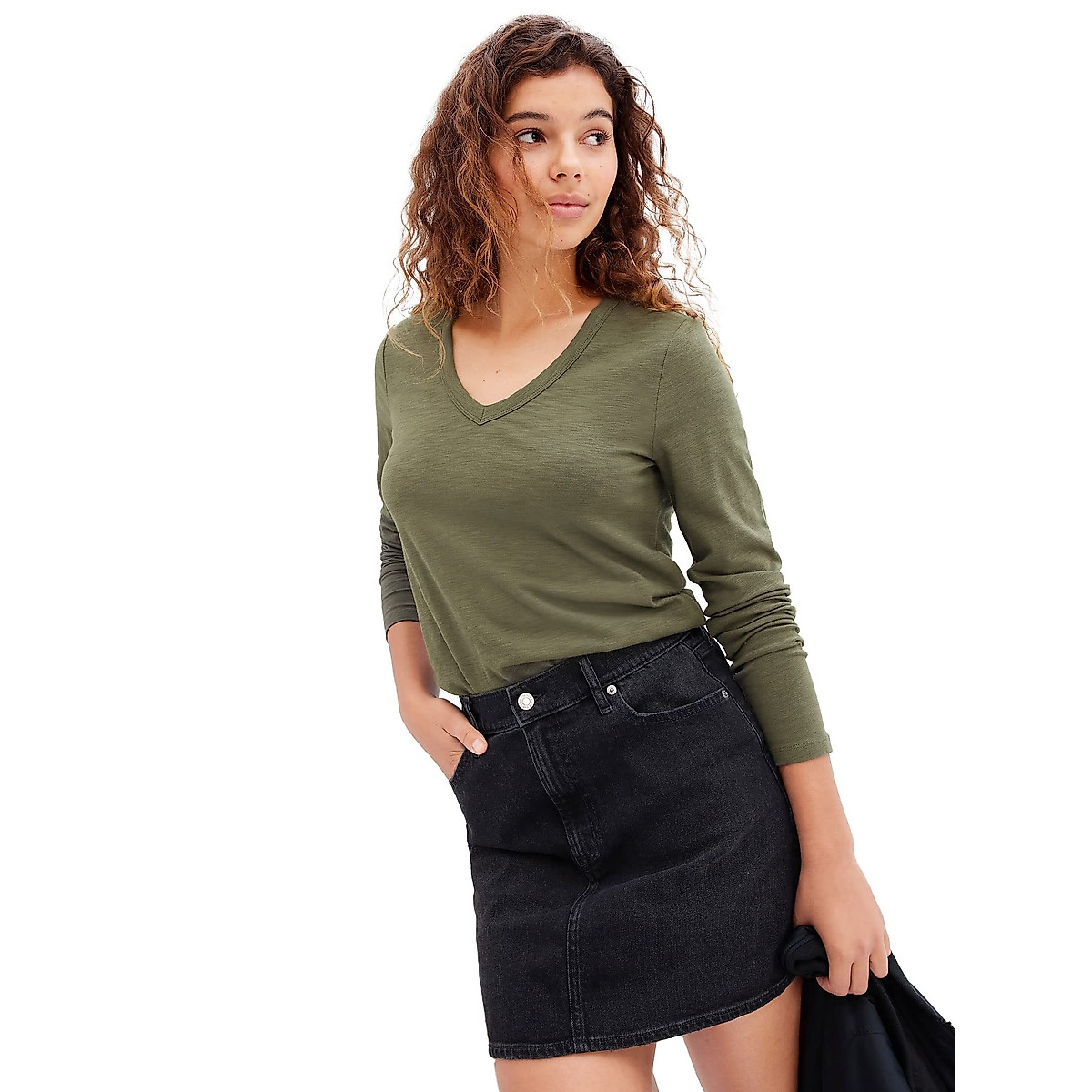 GAP Womens Foreversoft Long Sleeve V-Neck T-Shirt T Shirt, Army Jacket Green, Medium US