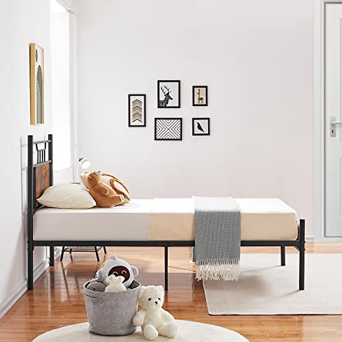 VECELO Twin Size Platform Bed Frame with Wood Headboard/Mattress Foundation/Premium Steel Slats Support/No Box Spring Needed,Brown(Crown)