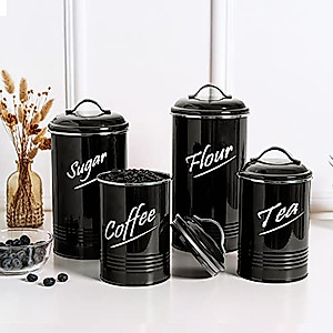 Hillbond Food Storage Canisters Containers for 4, Vintage Kitchen Canisters, Carbon Steel with Powder Coated Coffee Tea Sugar Flour Farmhouse Kitchen Canisters Set of 4(Black)