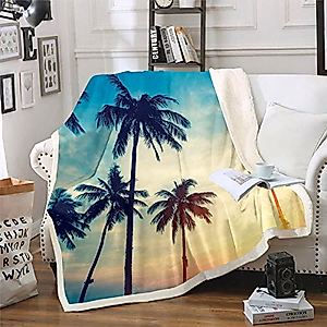 Feelyou Ocean Sherpa Blanket Tropical Palm Tree Fleece Throw Blanket Hawaii Beach Theme Plush Blanket Summer Vacation Sea Nature Theme Luxury Soft Fuzzy Blanket for Sofa Bed Couch 60x80 Inch