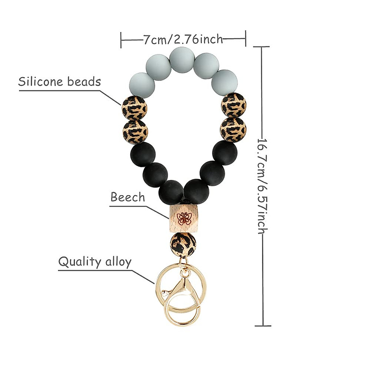 Poagoep Silicone Key Ring Bracelet Beaded keychain Wristlet Beaded Bangle Wristlet Keychain House Car Keys for Women(Leopard)