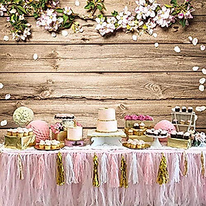 GiuMsi 7x5ft Durable Farbic Wood Wall Photography Backdrop with Spring Flowers and Petal for Newborn Baby Shower Birthday Party Photo Background Photoshoot Booth Props