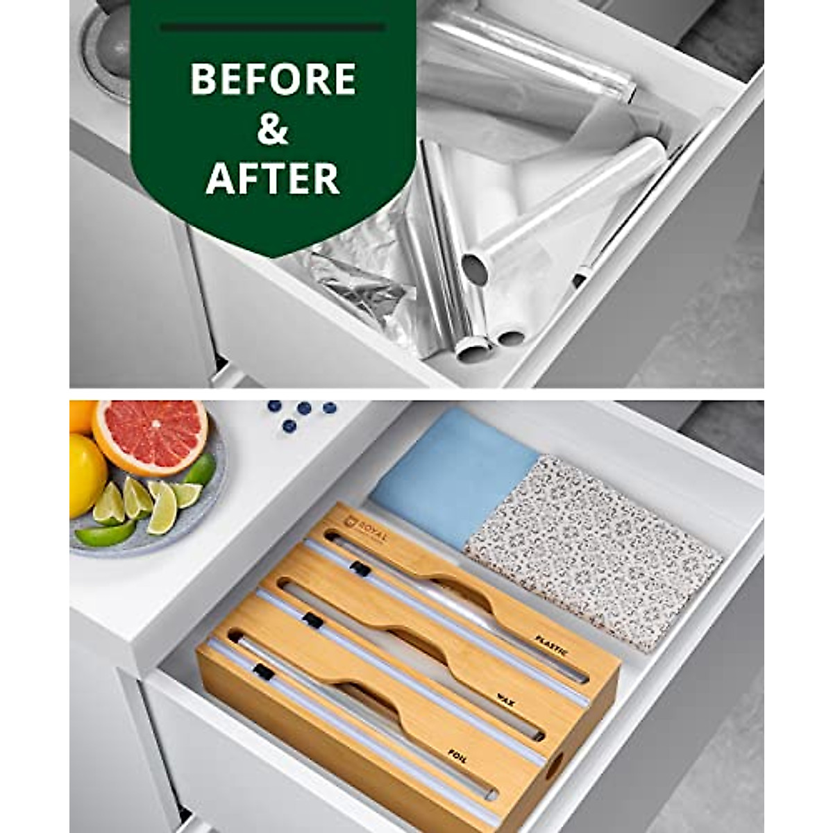 ROYAL CRAFT WOOD Bamboo Kitchen Drawer Organizer with 3 Slots for Food Storage Containers, Kitchen Foil, and Plastic Wrap – Includes Cutter