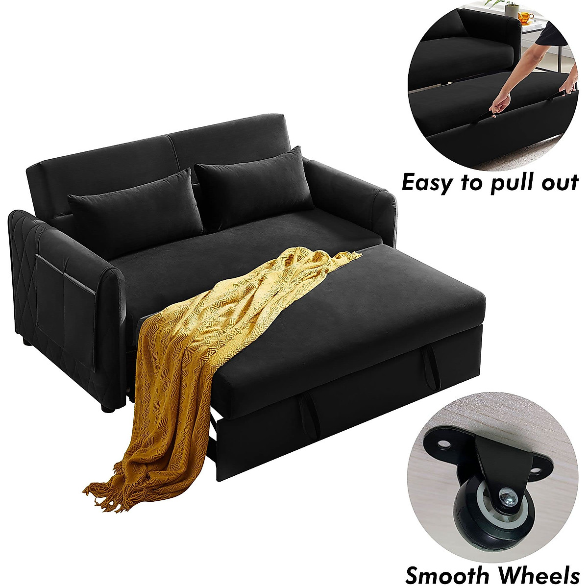 Monkey Patio 59.5 Inches Modern Velvet Loveseat with Pull-Out Convertible Sleeper Sofa Bed, 2 Arm Pockets, 2 Pillows and Adjustable Backrest for Living Room, Grid Design Armrests (Black)