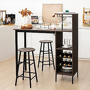 GOFLAME Bar Table and Chairs Set for 2, Counter Height Dining Table Set with Shelves, Cup Holder & Wine Rack, Breakfast Table & Chair Set, 3-Piece Pub Table Set for Kitchen, Dining Room