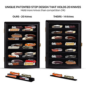 Pocket Knife Display Case for Wall Knife Collection Display Case with Patented Step Design and Removable Shelves to Use as Wall Mount Shadow Box Cabinet that Holds up to 20 Locking Knives Color Black