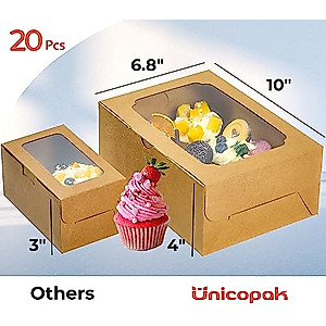 UnicoPak 20 Pack 10 x 6.8 x 4 Inch Tall Brown Cupcake Boxes with Handle Tray, Cupcake Boxes 6 Count, Extra Large Cupcake Boxes Bakery Boxes Muffin Boxes for Standard and High Creams Decorated Cupcakes Muffins Jumbo Cupcakes