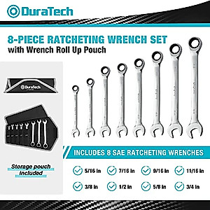 DURATECH Ratcheting Wrench Set, Combination Wrench Set, SAE, 8-piece, 5/16" to 3/4", CR-V Steel, with Pouch