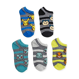 Pokemon Boys 5 Pack No Show Casual Sock, Assorted Grey Stripe, 6-8.5 US